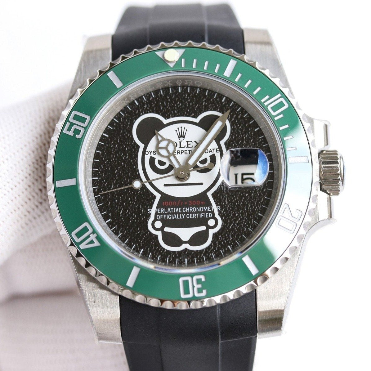 SUBMARINER DATE 40MM CUSTOM STEEL GREEN BEZEL BLACK BEAR DIAL – Amejews
