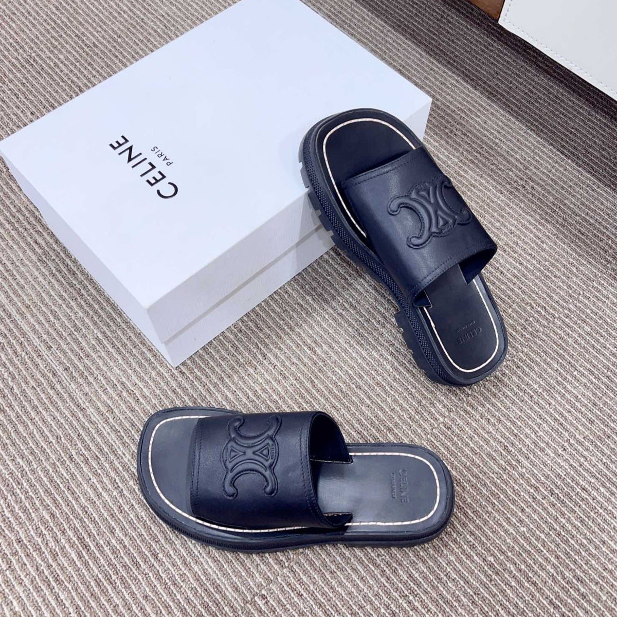 LEA TRIOMPHE PLATFORM SLIDES WOMEN VEGETABLE TANNED CALFSKIN BLACK ...