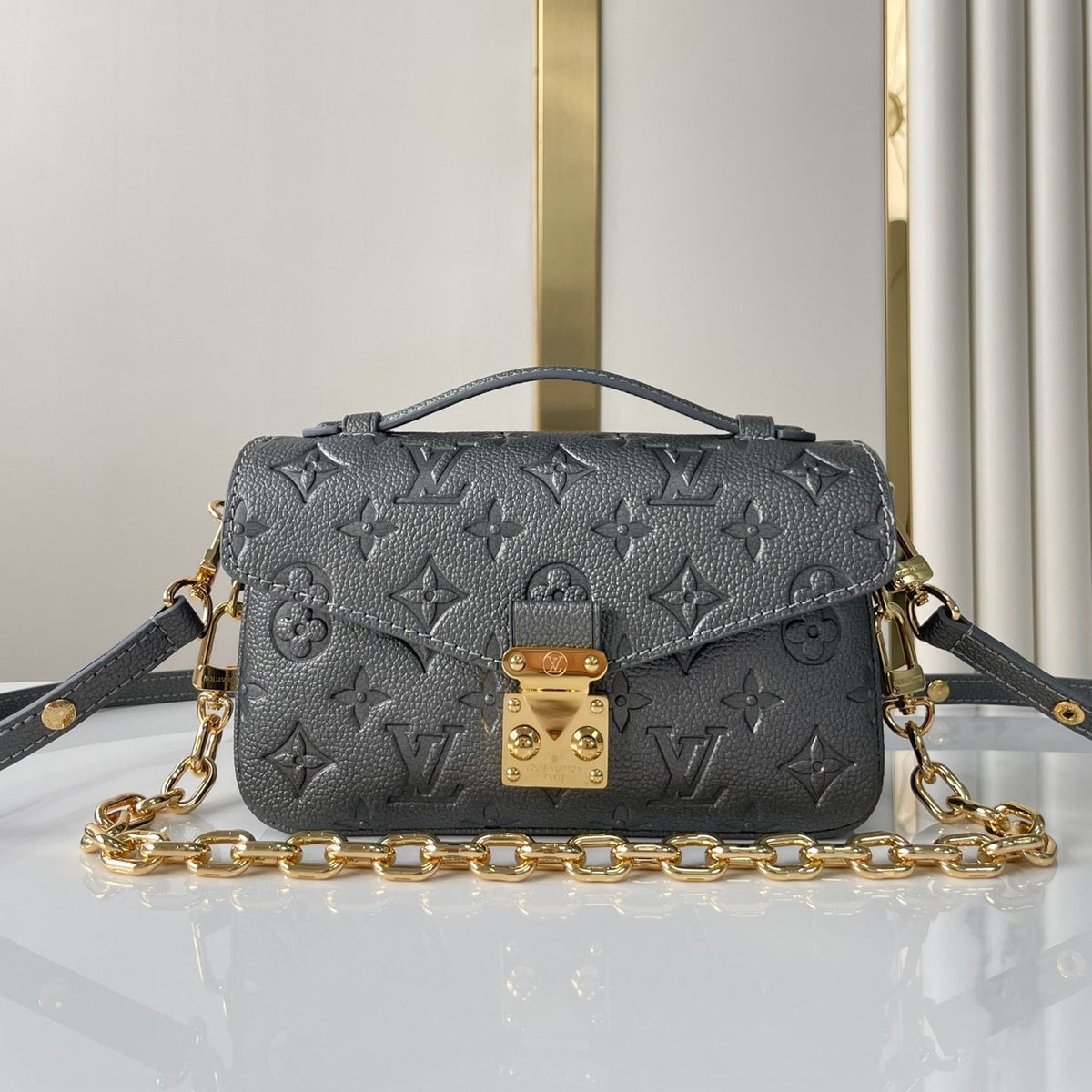 POCHETTE MÉTIS EAST WEST 21 IN GUN METAL EMBOSSED CALFSKIN GOLD HARDWA ...