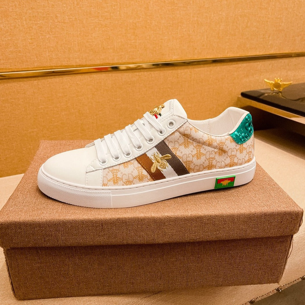 GG ACE EMBROIDERED BEE BEIGE LEATHER – Amejews