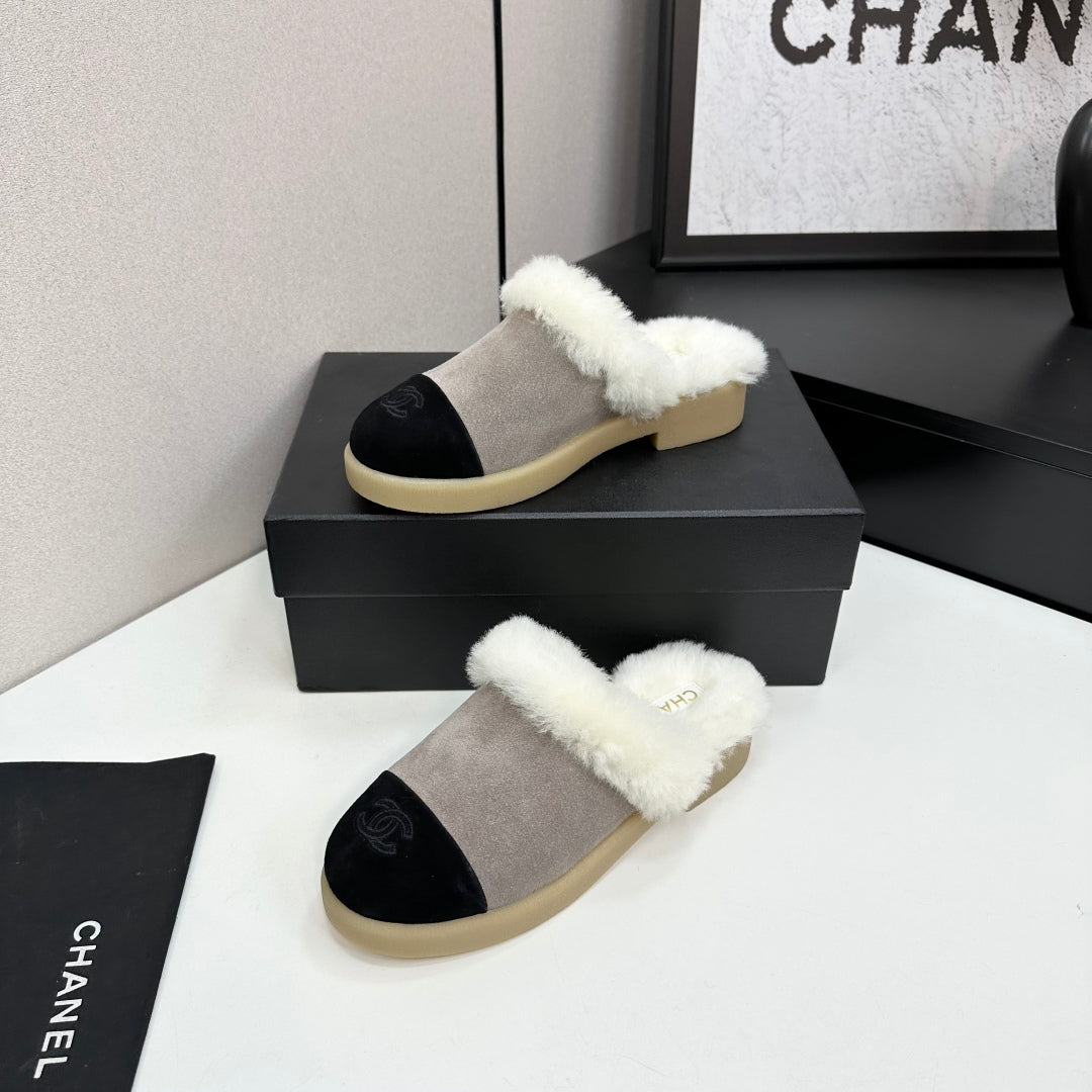 CC furry mule gray black suede and wool – Amejews