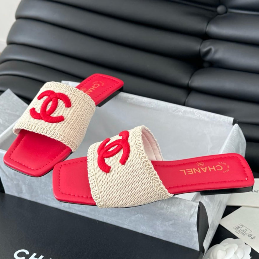 WOVEN SLIDE IN RAFFIA AND RUBY RED LAMBSKIN – Amejews