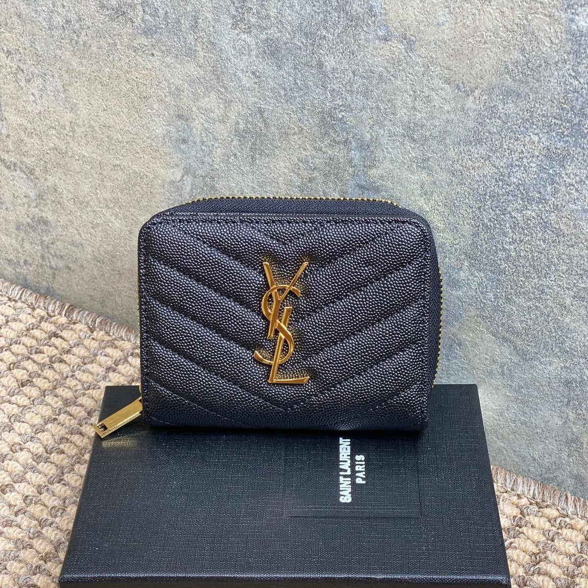 YSL Cassandre Matelassé Compact Zip-Around Wallet Black Caviar Cowhide ...