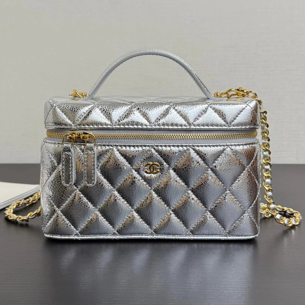 Chanel 2026 Vanity With Chain Silver Metallic Shiny Lambskin – Amejews